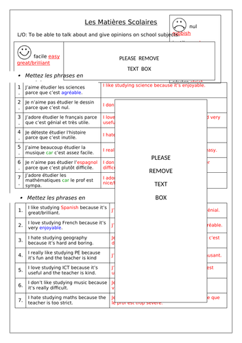 FRENCH - School Subjects and Opinions - Worksheets | Teaching Resources