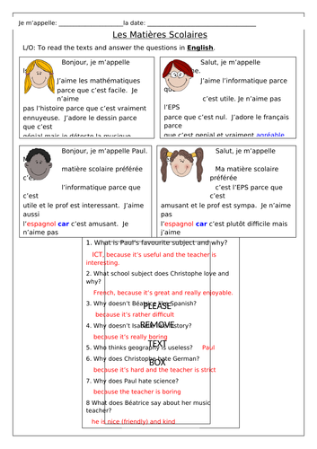 FRENCH - School Subjects and Opinions - Worksheets | Teaching Resources