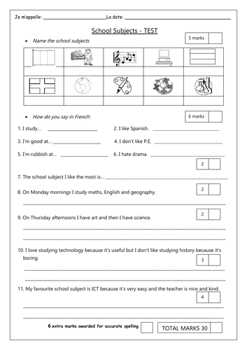 FRENCH - School Subjects and Opinions - Worksheets | Teaching Resources
