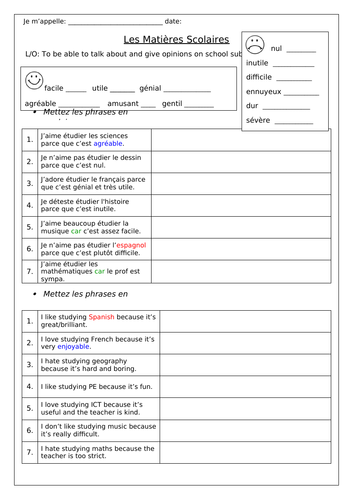FRENCH - School Subjects and Opinions - Worksheets | Teaching Resources