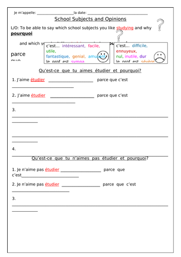 FRENCH - School Subjects and Opinions - Worksheets | Teaching Resources