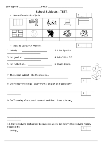 FRENCH - School Subjects and Opinions - Worksheets | Teaching Resources