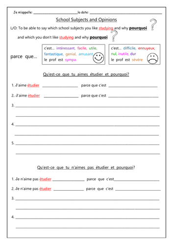 FRENCH - School Subjects and Opinions - Worksheets | Teaching Resources