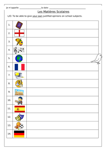 FRENCH - School Subjects and Opinions - Worksheets | Teaching Resources