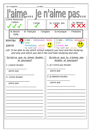 FRENCH - School Subjects and Opinions - Worksheets | Teaching Resources