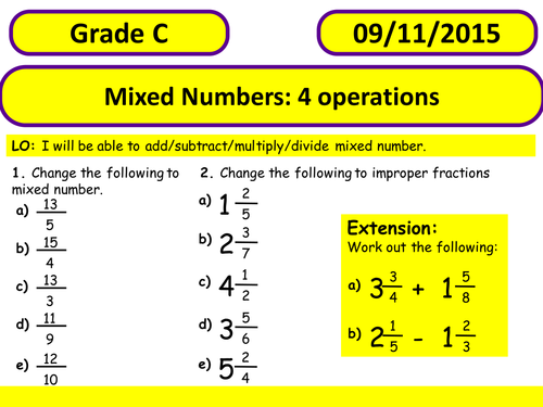 Fractions Mixed Numbers 4 Operations Teaching Resources