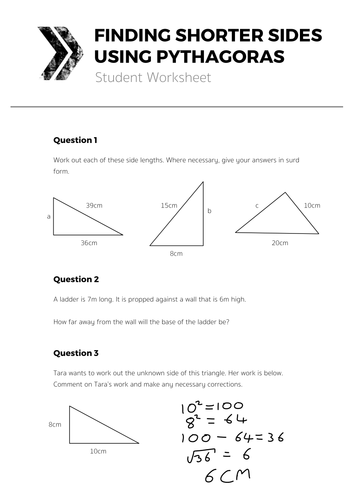 Finding Shorter Sides Using Pythagoras by tomotoole - Teaching ...
