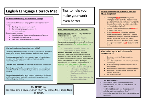 Double-sided Literacy Mat for KS3 and KS4 | Teaching Resources