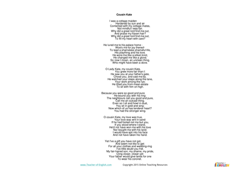 Cousin Kate (Christina Rossetti) - PowerPoint and worksheets | Teaching ...