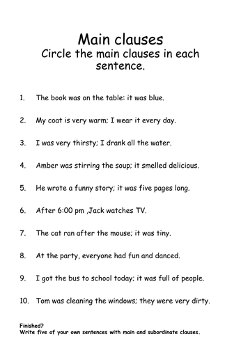 Yr 5 and 6 New Curriculum English Main and Subordinate Clauses ...