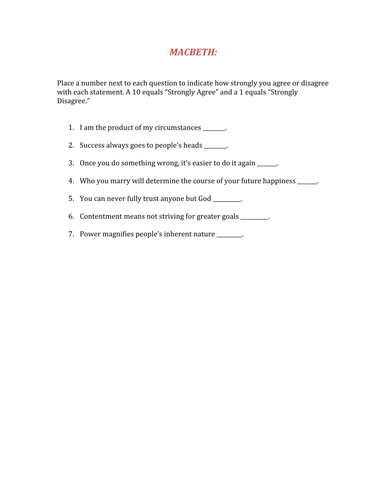 Warm up questionnaire: MacBeth | Teaching Resources