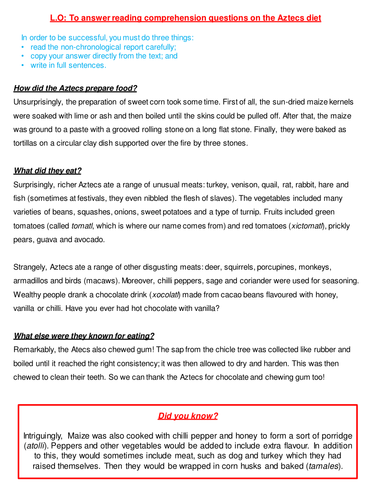 Aztec Reading Comprehension and non-chronological report | Teaching ...