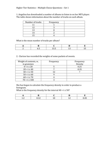Math Statistics Grade 8+; two sets multiple-choice questions. Starters ...