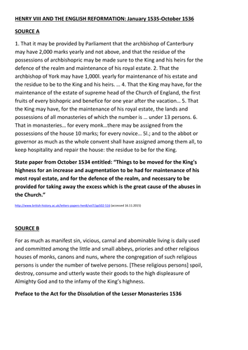 Henry VIII and the English Reformation 1535-Oct 1536 | Teaching Resources