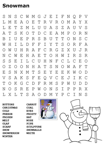 Snowman Word Search and Colour | Teaching Resources