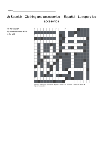Spanish Vocabulary - Clothing, Color and Weather Crossword Puzzles ...