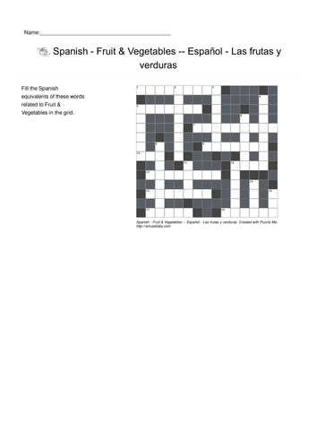Spanish Vocabulary - Food and Drink, Cutlery Crossword Puzzles ...