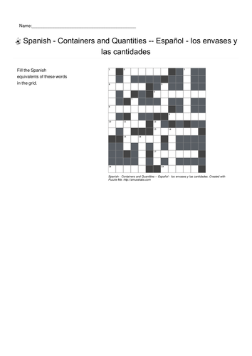 Spanish Vocabulary - Food and Drink, Cutlery Crossword Puzzles ...