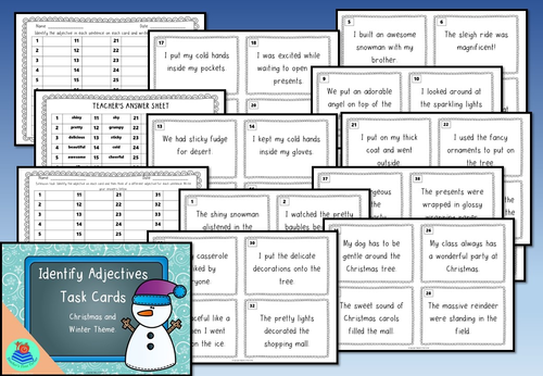 Identifying adjectives task cards - Christmas and winter theme ...
