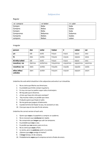 Present Subjunctive (Presente Subjuntivo) worksheet | Teaching Resources