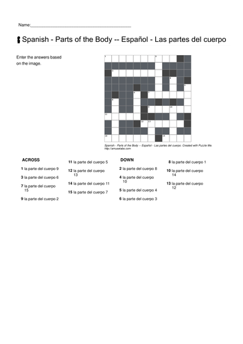 Spanish Vocabulary - Health, Parts of the Face and Body Crossword ...