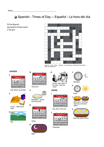 Spanish Vocabulary - Time related Crossword Puzzles | Teaching Resources