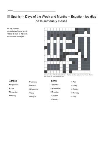 Spanish Vocabulary - Time related Crossword Puzzles | Teaching Resources