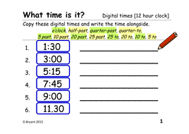 Telling the time from a digital clock [12 hour clock and 24 hour clock ...
