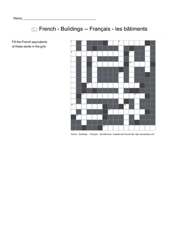 French Vocabulary - Travel, Buildings and Money Crossword Puzzles ...
