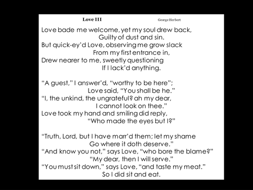 CIE Gcse Literature Poetry - 'Love III' by George Herbert | Teaching ...