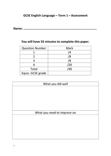 GCSE English Language Paper 1 - Term 1 Mock Assessment | Teaching Resources