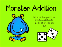 Monster Addition - Dice Game - Math Center - Numbers to 12, 16, 18, 24 ...