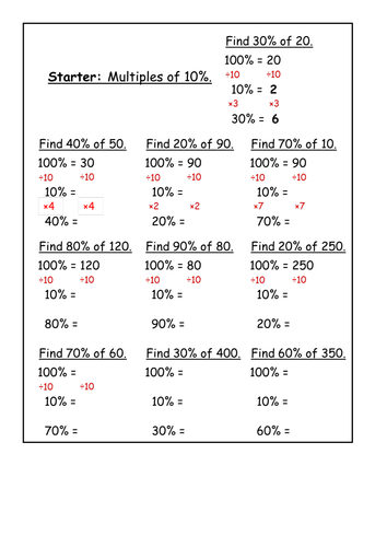 Percentages Multiples of 10% (Scaffolded) | Teaching Resources