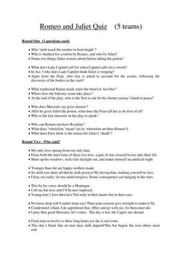 Romeo and Juliet pub quiz | Teaching Resources