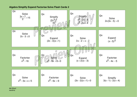 Algebra Simplify Expand Factorise Solve Flash Cards 2 | Teaching Resources