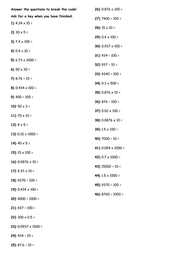Multiplying and dividing by 10, 100 and 1000 code breaker | Teaching ...