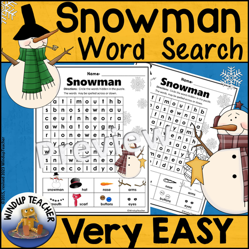 Snowman Word Search - Primary Version with Pictures - Easy Winter ...