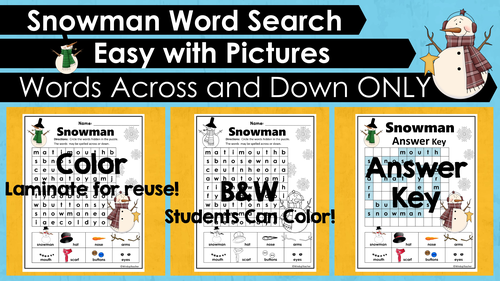 Snowman Word Search - Primary Version with Pictures - Easy Winter ...