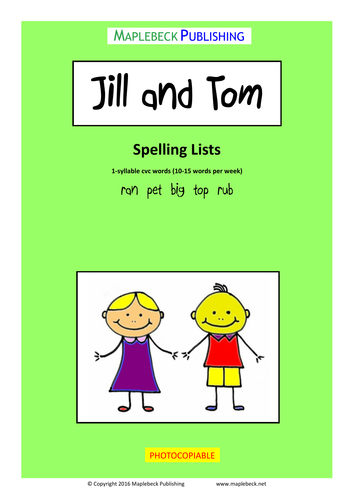 Jill and Tom - spelling lists (1-syllable cvc words) | Teaching Resources