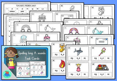 Long A sound task cards. 20 cards to practice a_e, ai and ay ...