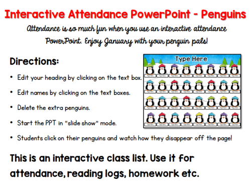 Interactive Attendance PowerPoint (Penguins) | Teaching Resources
