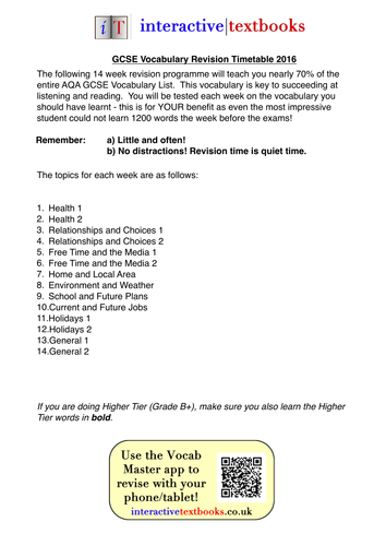 2016 AQA GCSE French Vocabulary Revision Timetable | Teaching Resources