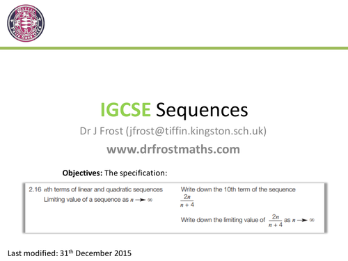 Igcse Further Maths Sequences By Drfrostmaths Uk Teaching Resources Tes