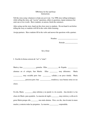 Spanish Ser vs. Estar TPR Story and Activities | Teaching Resources