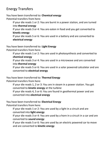 Energy transfers activity | Teaching Resources