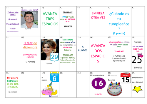 SPANISH BOARD GAME, AGES, DATES, BROTHERS/SISTERS , great for speaking ...