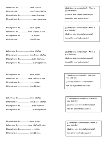 SPANISH BOARD GAME, AGES, DATES, BROTHERS/SISTERS , great for speaking ...