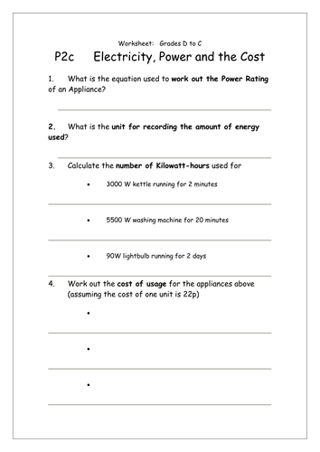 Power and Cost GCSE Physics AQA | Teaching Resources
