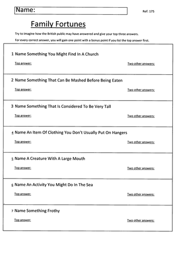 Family Fortunes (Family Feud)- Form Tutor Activity Quiz. 50 complete ...