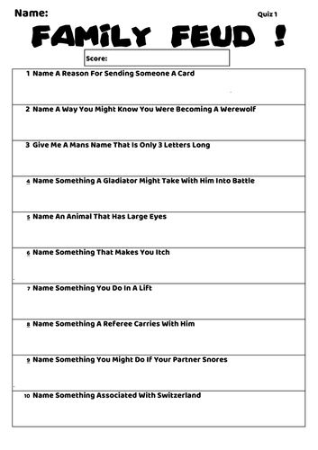 Family Fortunes (Family Feud)- Form Tutor Activity Quiz. 50 complete ...